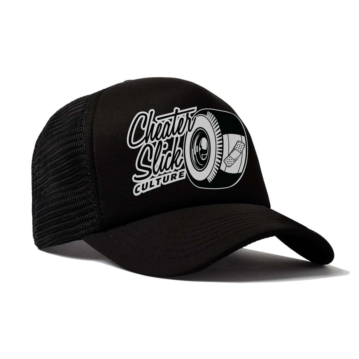 Black w/ black mesh trucker hat (white logo)