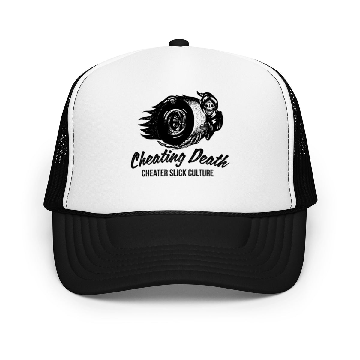Cheating Death Trucker Hat (white/black)